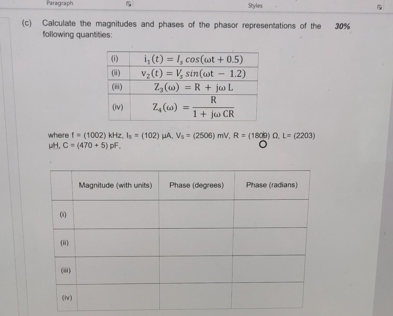 Calculate the magnitudes and phases of the phasor | Chegg.com