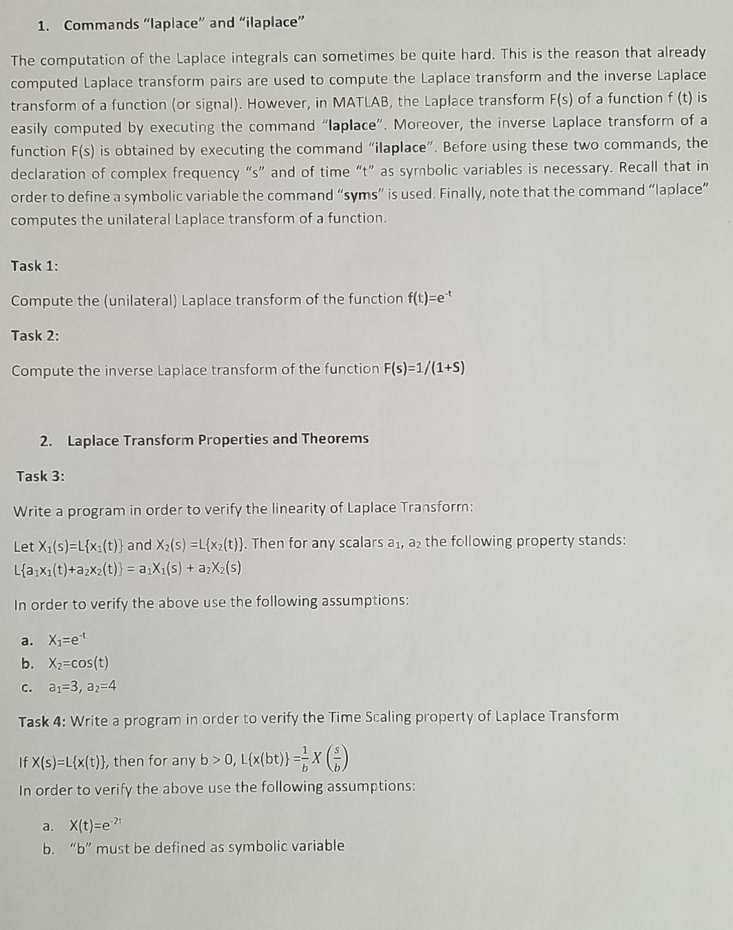 Solved 1. Commands "laplace" and "ilaplace" The computation | Chegg.com