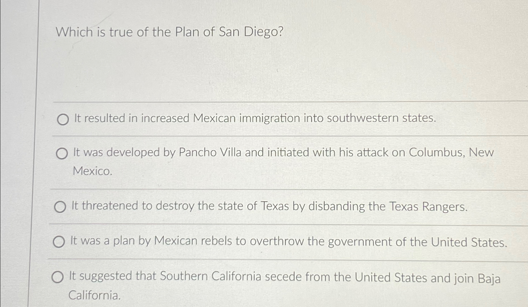 Solved Which is true of the Plan of San Diego?It resulted in | Chegg.com