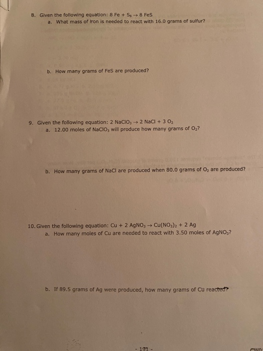 Solved ChemWorksheet 1 Stoichiometry (Mole Relationships): | Chegg.com