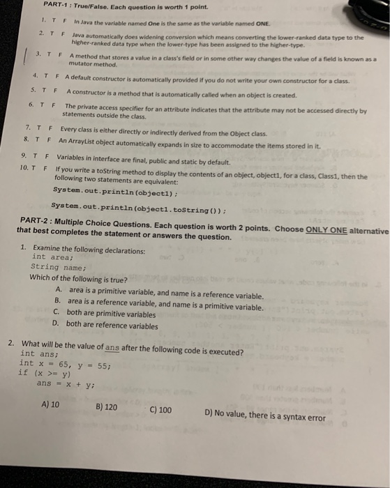 Solved PART-1 : True False. Each question is worth 1 point. | Chegg.com