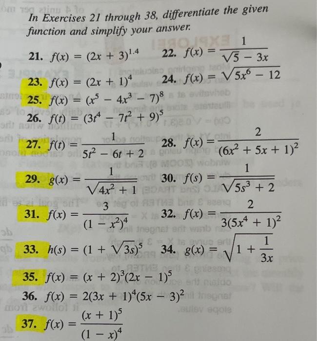 Solved In Exercises 21 Through 38 Differentiate The Given