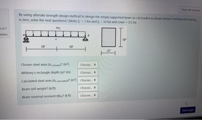 Solved Time left 0 34 40 By using ultimate strength design | Chegg.com