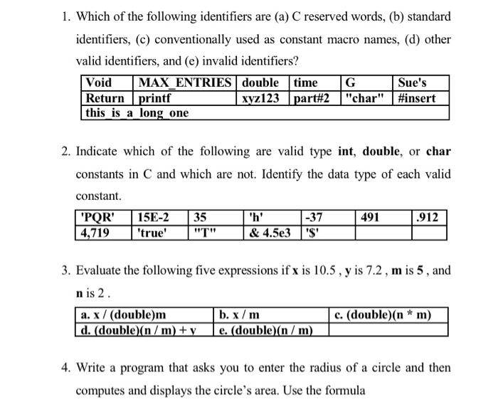 Solved 1 Which Of The Following Identifiers Are A C 9531