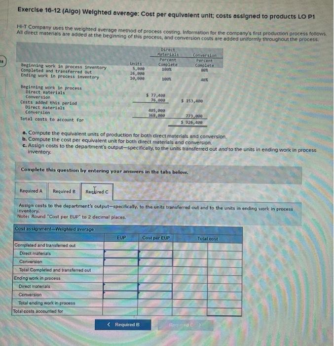 Solved Exercise 16-12 (Algo) Welghted average: Cost per | Chegg.com
