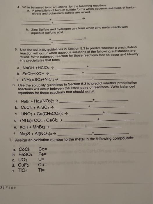 Solved Problem Set: Chapter 5- Chemical Reactions 1. Write | Chegg.com