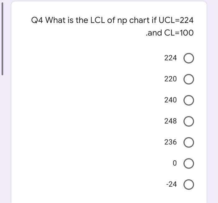 Solved Q4 What is the LCL of np chart if UCL=224 .and CL=100 | Chegg.com
