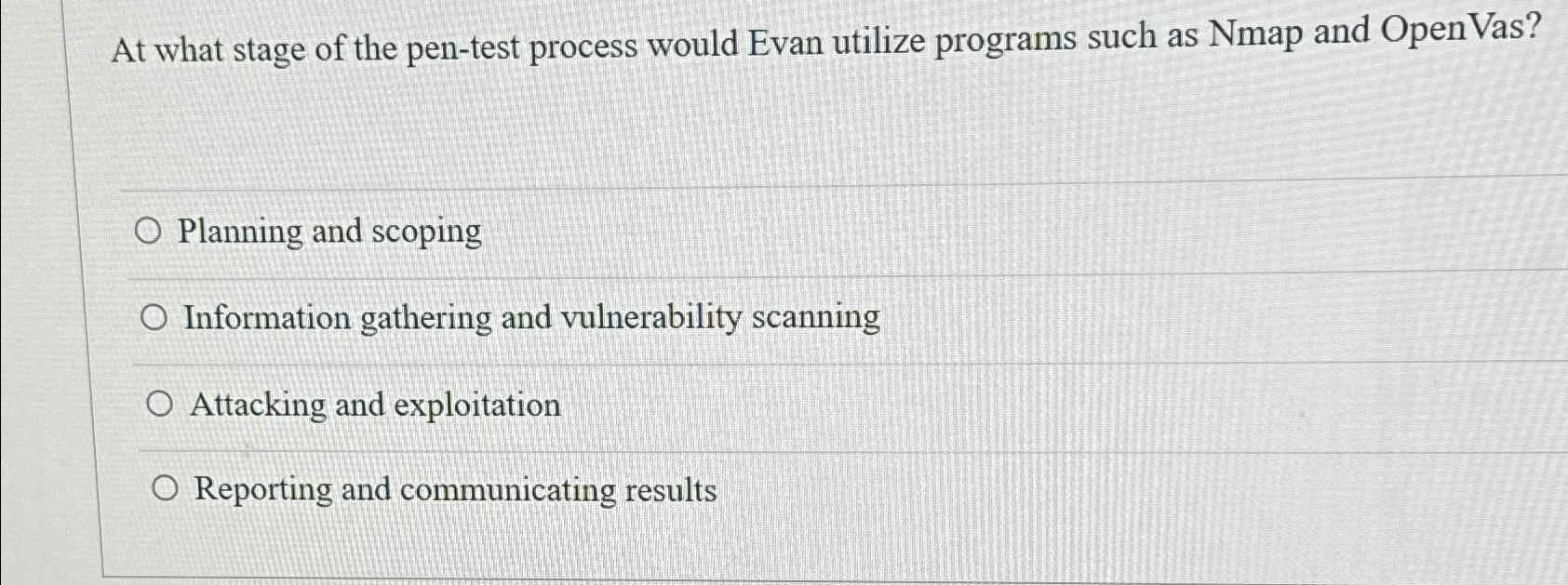 Solved At what stage of the pen-test process would Evan | Chegg.com