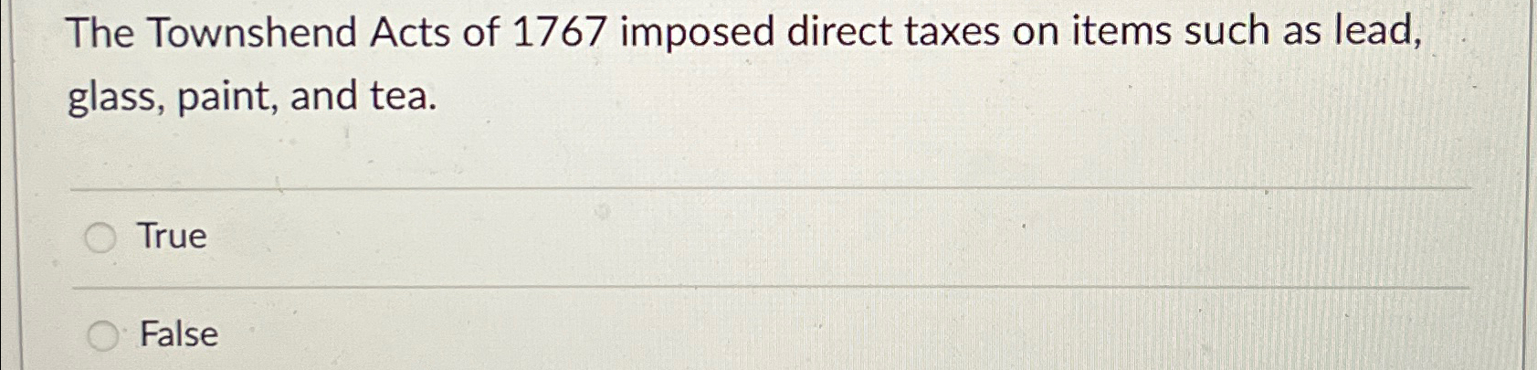 Solved The Townshend Acts of 1767 ﻿imposed direct taxes on | Chegg.com