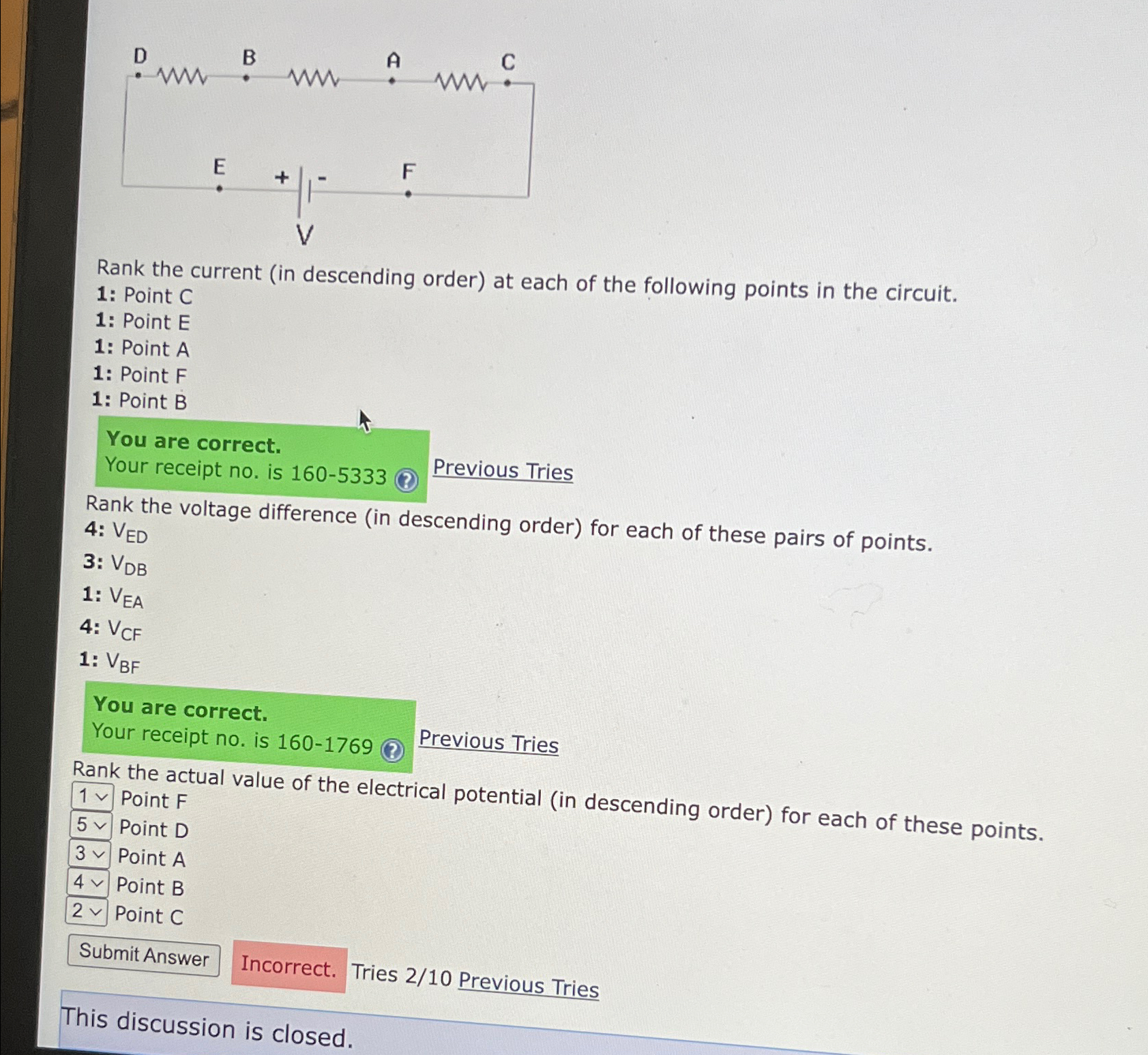 Solved Rank the current (in descending order) at each of the | Chegg.com