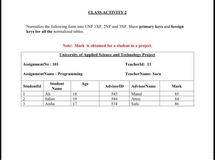 Solved CLASS ACTIVITY 2 Normalize the following form into | Chegg.com