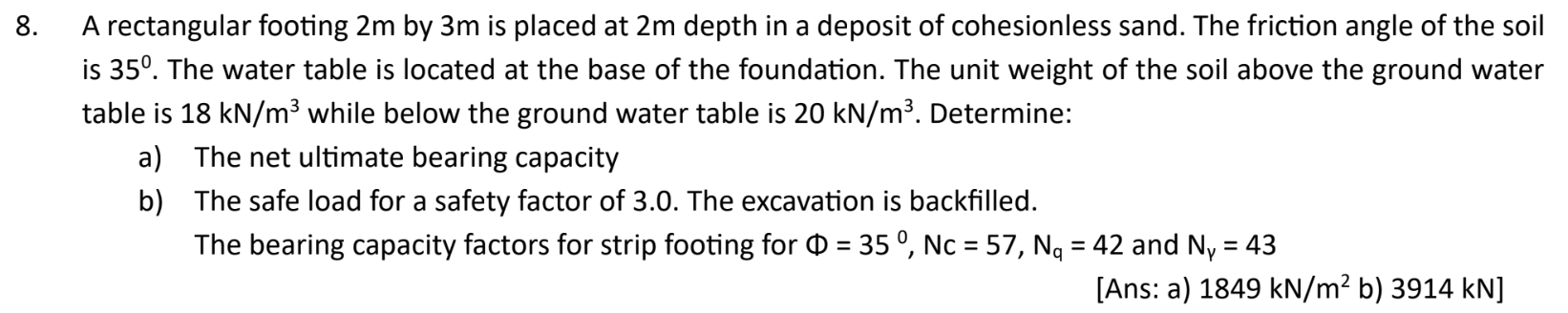 Solved A rectangular footing 2m ﻿by 3m ﻿is placed at 2m | Chegg.com