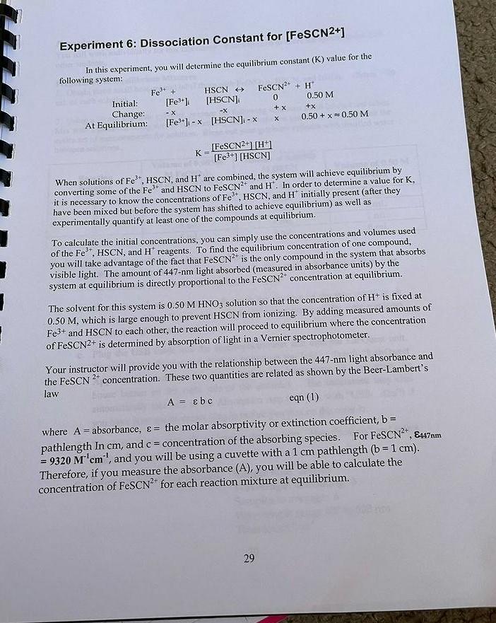 Experiment 6: Dissociation Constant for (FeSCN2+] In | Chegg.com