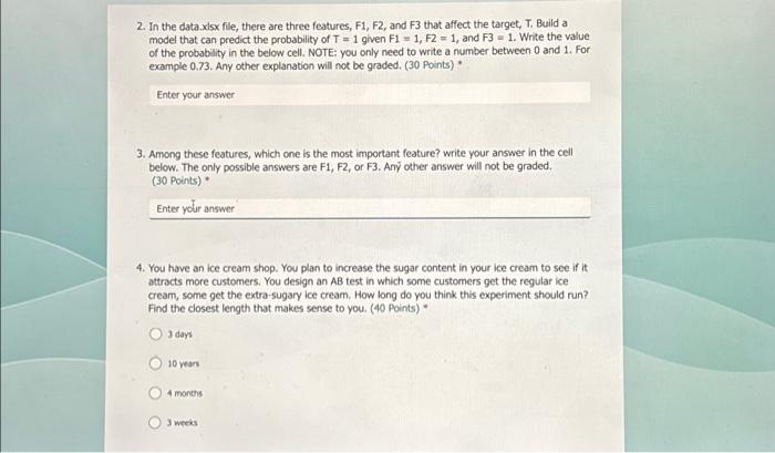 Solved 2. In the data.xlsx file, there are three features, | Chegg.com