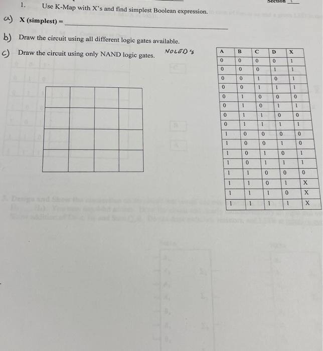 Solved Section I 1. Use K-Map with X's and find simplest | Chegg.com