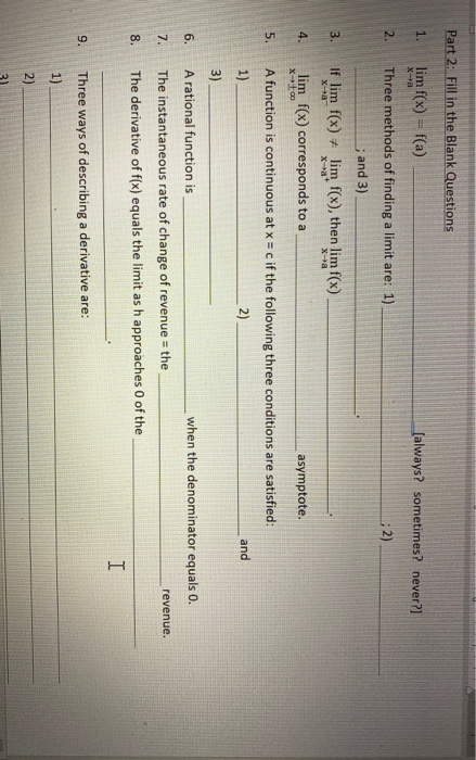 Solved Part 2: Fill in the Blank Questions 1. lim f(x) = | Chegg.com