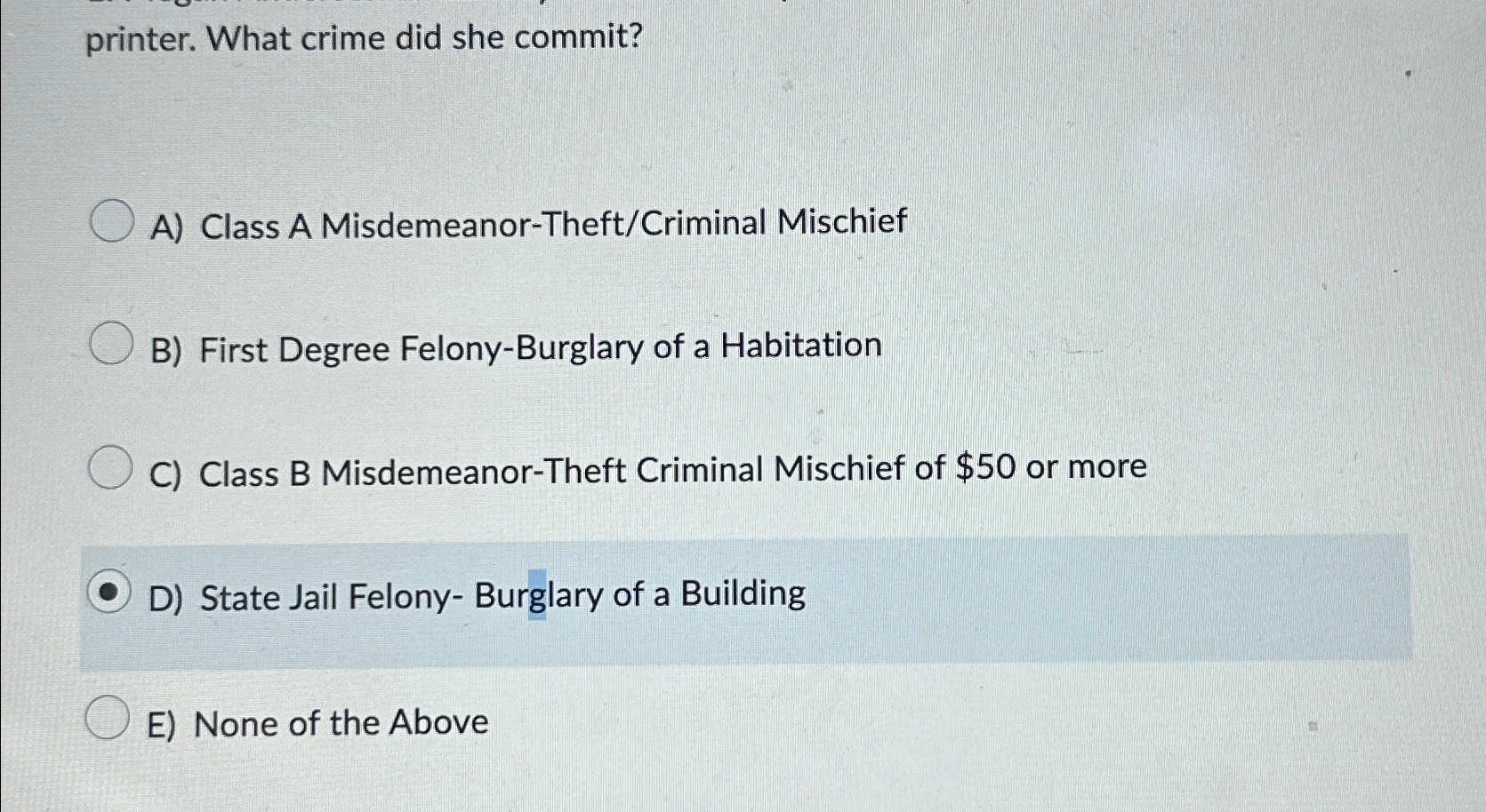 Solved printer. What crime did she commit?A) ﻿Class A | Chegg.com
