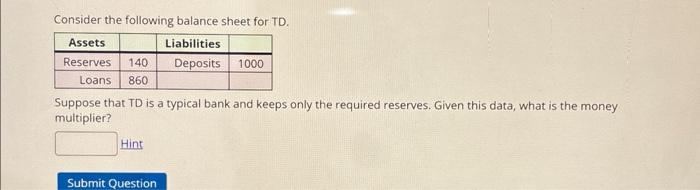 Solved Consider the following balance sheet for TD. Suppose | Chegg.com
