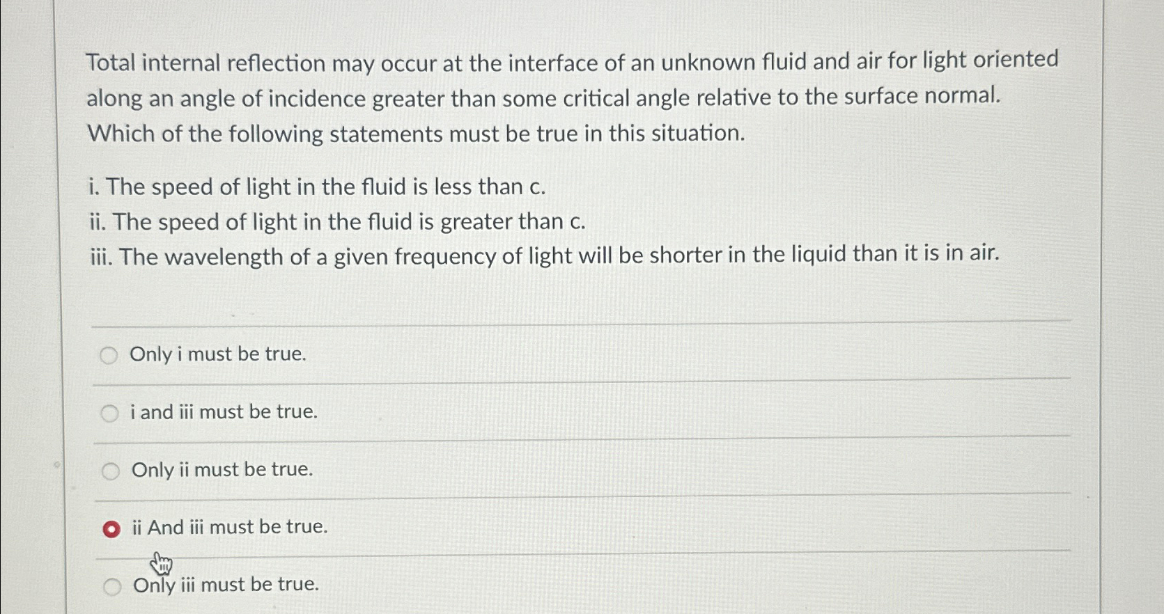 Solved Total internal reflection may occur at the interface | Chegg.com