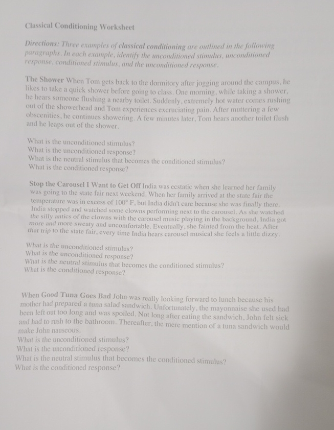 Solved Classical Conditioning WorksheetDirections: Three | Chegg.com
