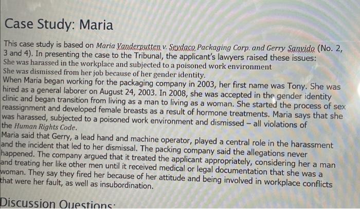 Solved Case Study: Maria This case study is based on Maria | Chegg.com