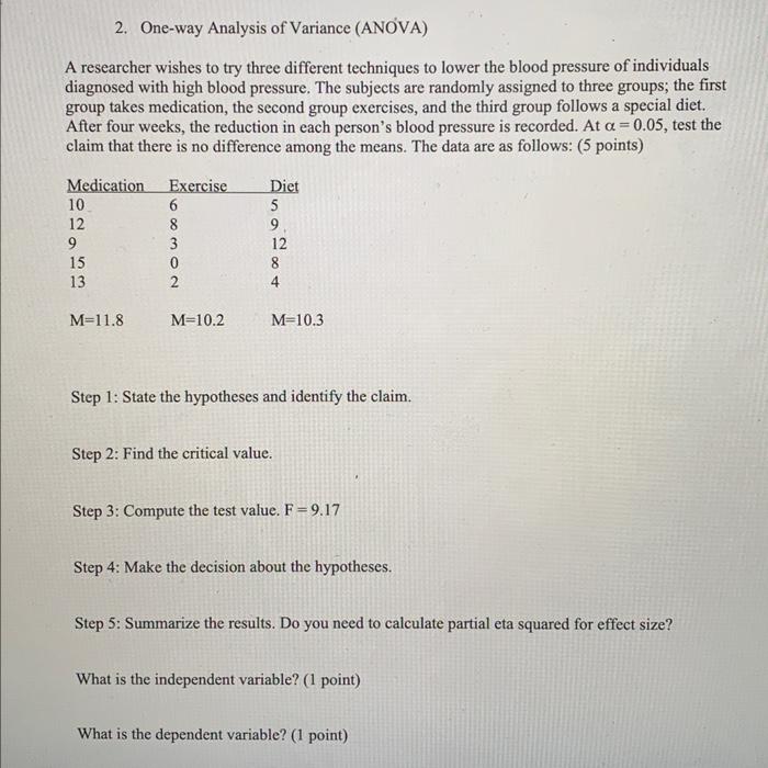 Solved 2. One-way Analysis of Variance (ANOVA) A researcher | Chegg.com