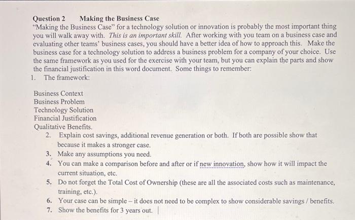 Solved Question 2 Making the Business Case "Making the | Chegg.com