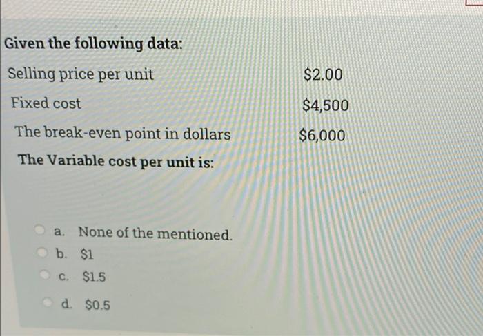 Solved Given the following data: Selling price per unit | Chegg.com