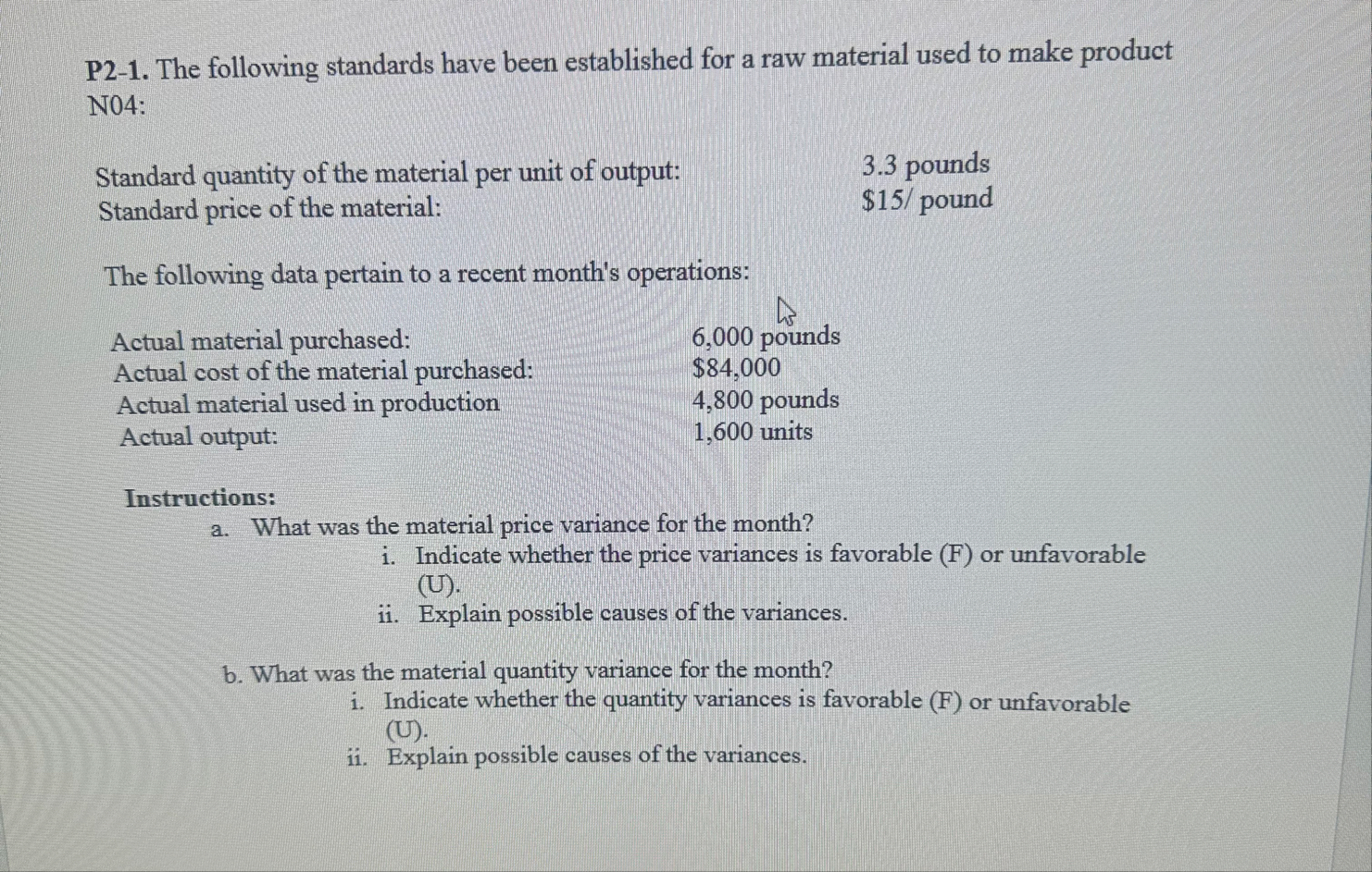 Solved P2-1. ﻿The following standards have been established | Chegg.com