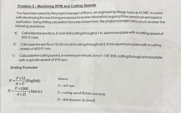 Solved Problem 5 - Machining RPM and Cutting Speeds You have | Chegg.com