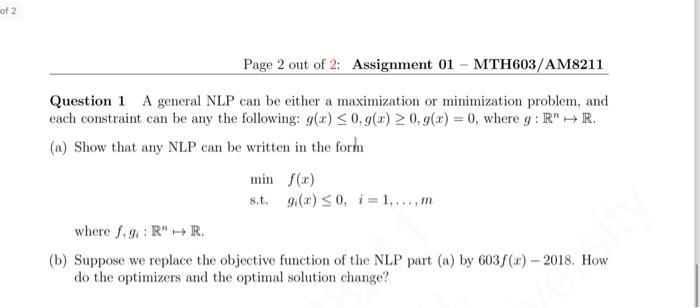 Solved Question 1 A General Nlp Can Be Either A Maximization 1216
