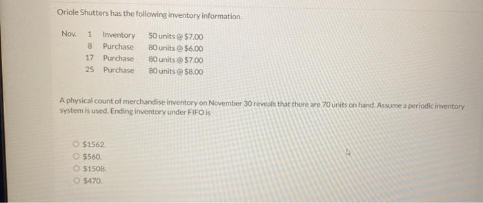 Solved Oriole Shutters has the following inventory | Chegg.com