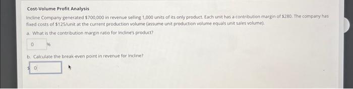 Solved Cost-Volume Profit Analysis Incline Compary generated | Chegg.com