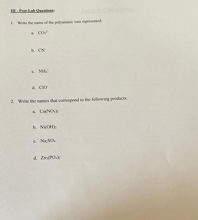 Solved 1. Write the name of the polyatomic ions represented: | Chegg.com