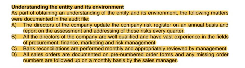 Solved Understanding the entity and its environment As part | Chegg.com