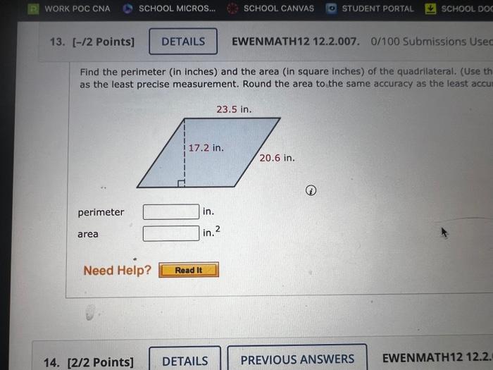 Solved Find the perimeter (in inches) and the area (in | Chegg.com