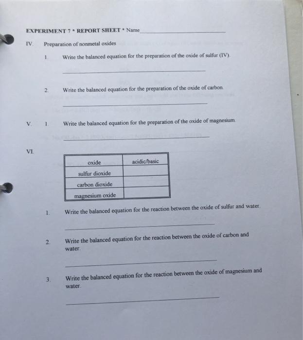 Solved EXPERIMENT 7 * REPORT SHEET. Name IV Preparation of | Chegg.com