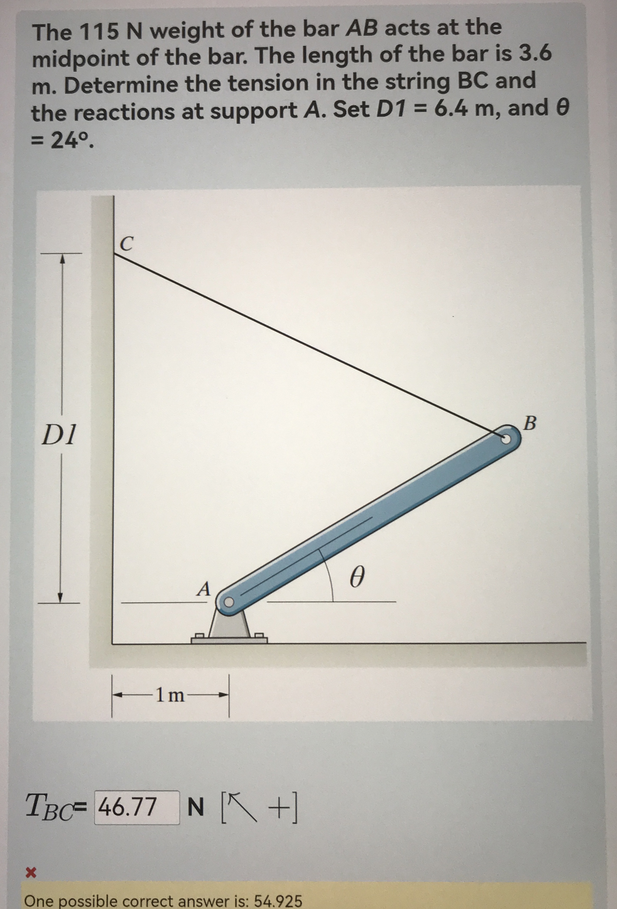 Solved The 115 ﻿N weight of the bar AB acts at the midpoint | Chegg.com