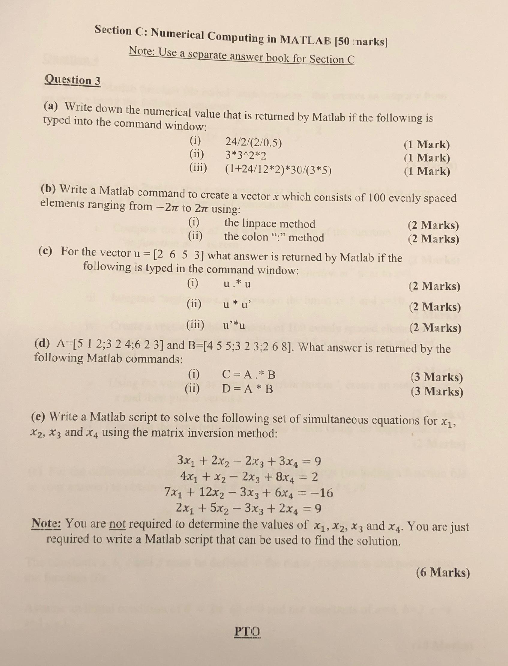 Solved Section C: Numerical Computing in MATLAB [50 | Chegg.com