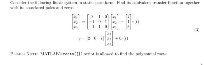 Solved Consider the following linear system in state space | Chegg.com