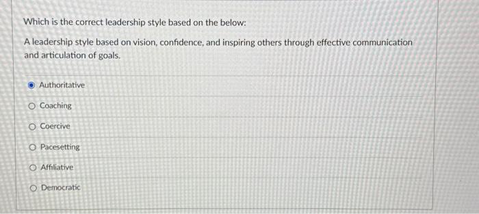 Which is the correct leadership style based on the | Chegg.com