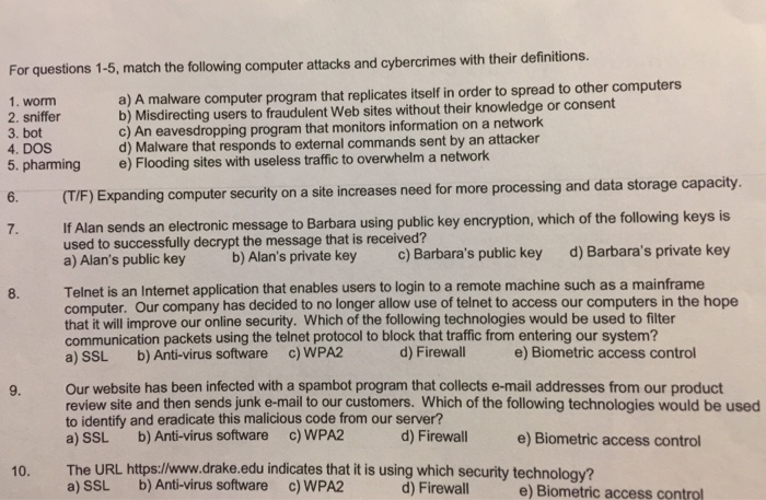 Solved For questions 1-5, match the following computer | Chegg.com