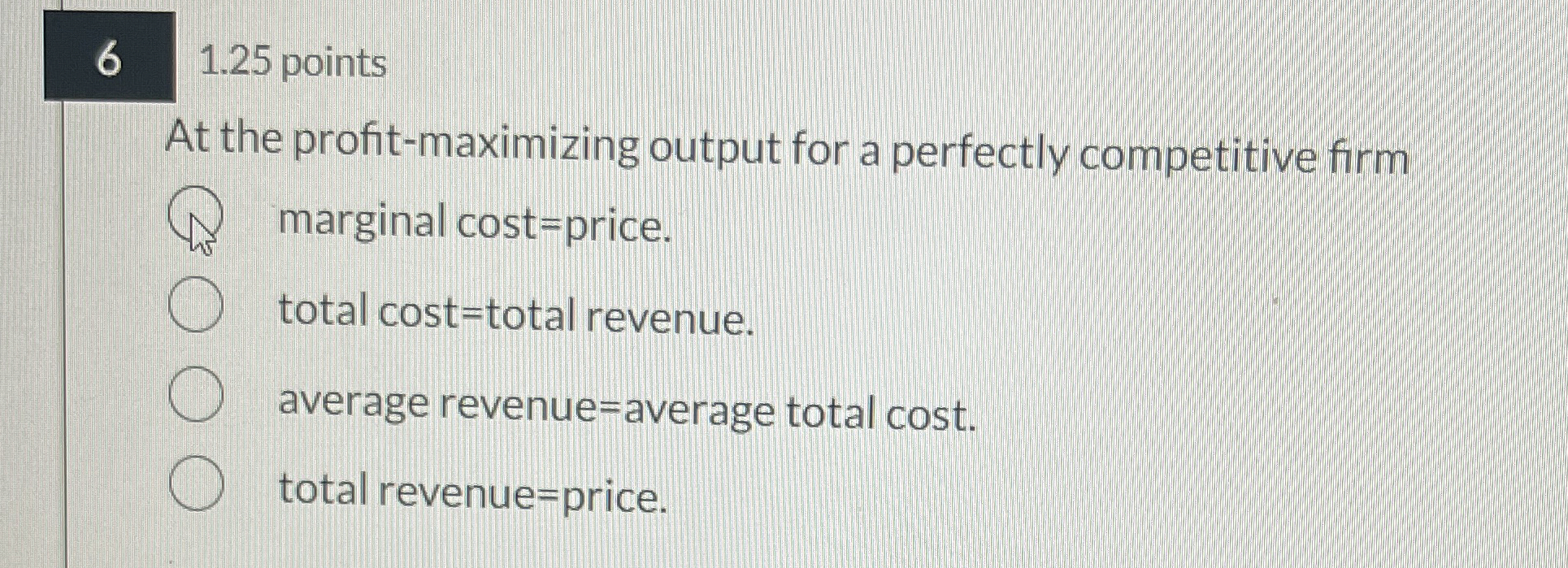 Solved 61.25 ﻿pointsAt the profit-maximizing output for a | Chegg.com