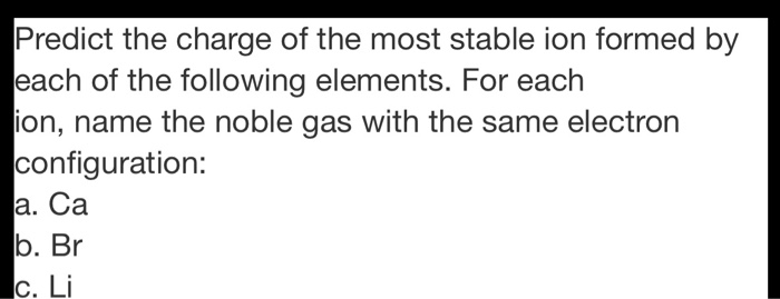 Solved Predict the charge of the most stable ion formed by | Chegg.com