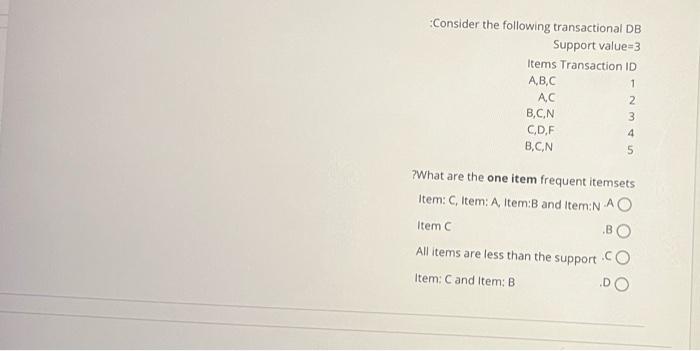 Solved Consider the following transactional DB Support value | Chegg.com