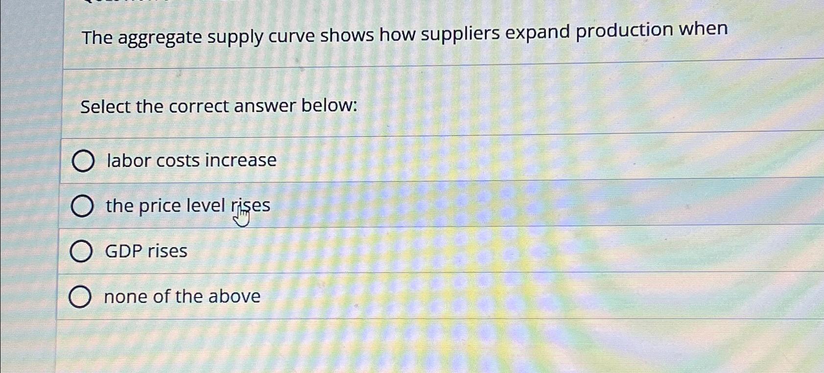 Solved The aggregate supply curve shows how suppliers expand | Chegg.com