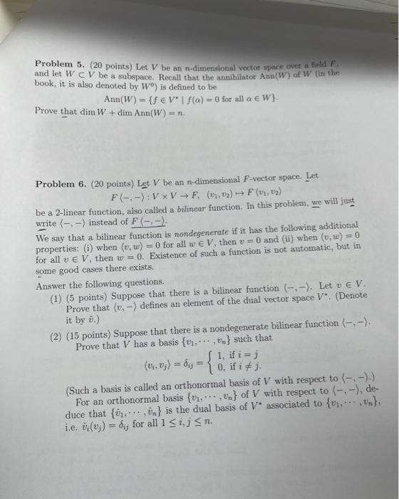 Solved Problem 5. (20 points) Let V be an n-dimensional | Chegg.com Solved Problem 5. (20 points) Let V be an n-dimensional | Chegg.com