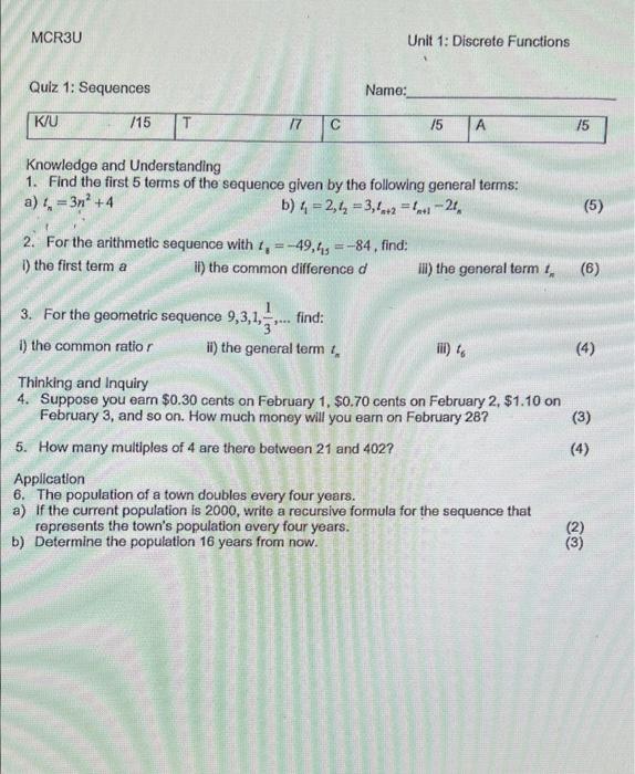 Solved Mcr3u Unit 1 Discrete Functions Quiz 1 Sequences
