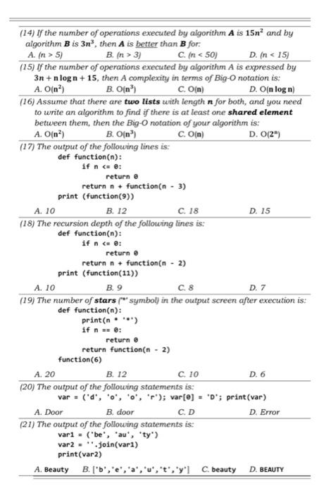 Solved (14) If the number of operations executed by | Chegg.com