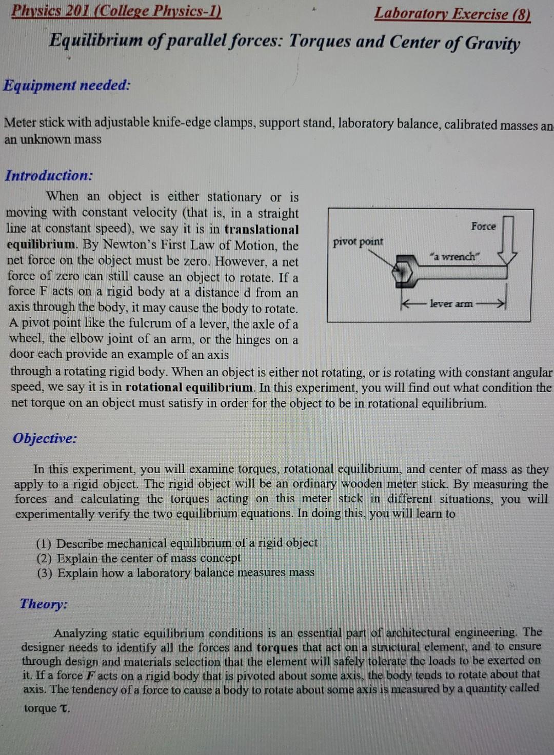 Physics 201 (College Physics-1) Laboratory Exercise | Chegg.com